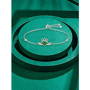 Dreamboat Claddagh Bracelet Irish Jewelry for Women Heart Bracelets Emerald Green Bracelets May Birthstone Bracelet Sterling Silver Adjustable Bracelets Birthday Gifts for Mom