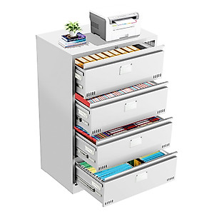 Lateral File Cabinet 4 Drawer Metal Filing Cabinets for Home Office, White File Storage Cabinet with Lock for Letter/Legal A4 Size, Locking Horizontal Filing Cabinet with Card Slot