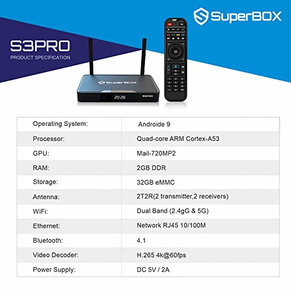 Authorized Seller 2023 Newest Super Box S3 PRO TV Box with Voice Remote，Detailed Install Instructions (2GB RAM + 32GB ROM)