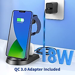 3 in 1 Charging Station for Multiple Devices, Fast Charging Dock for iPhone 14 13 12 11 Pro Max XS XR 8 Plus & AirPods, Built-in Charger Stand for Apple Watch 8 7 6 SE 5 4 3 2(with Adapter)