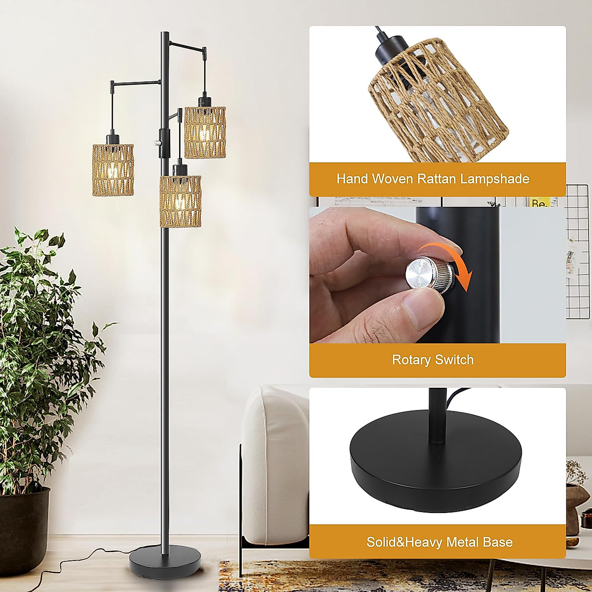 gernehop Floor Lamps for Living Room,3 Light Rattan Standing Tall Lamp with Foot Switch & Sturdy Base,Farmhouse Rustic Tree Black Vintage Floor Lamp for Bedroom Office