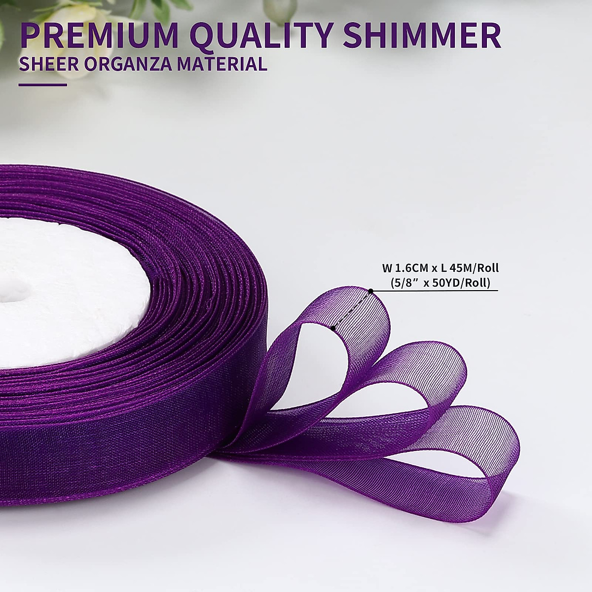 molshine 50 Yards x 5/8 Inch Shimmer Sheer Organza Ribbon,Chiffon Fabric Ribbons for Bouquets Garland,Bowknot,Wedding,Gift Wrapping,Hair,Crafts,Decoration (Purple, 5/8")