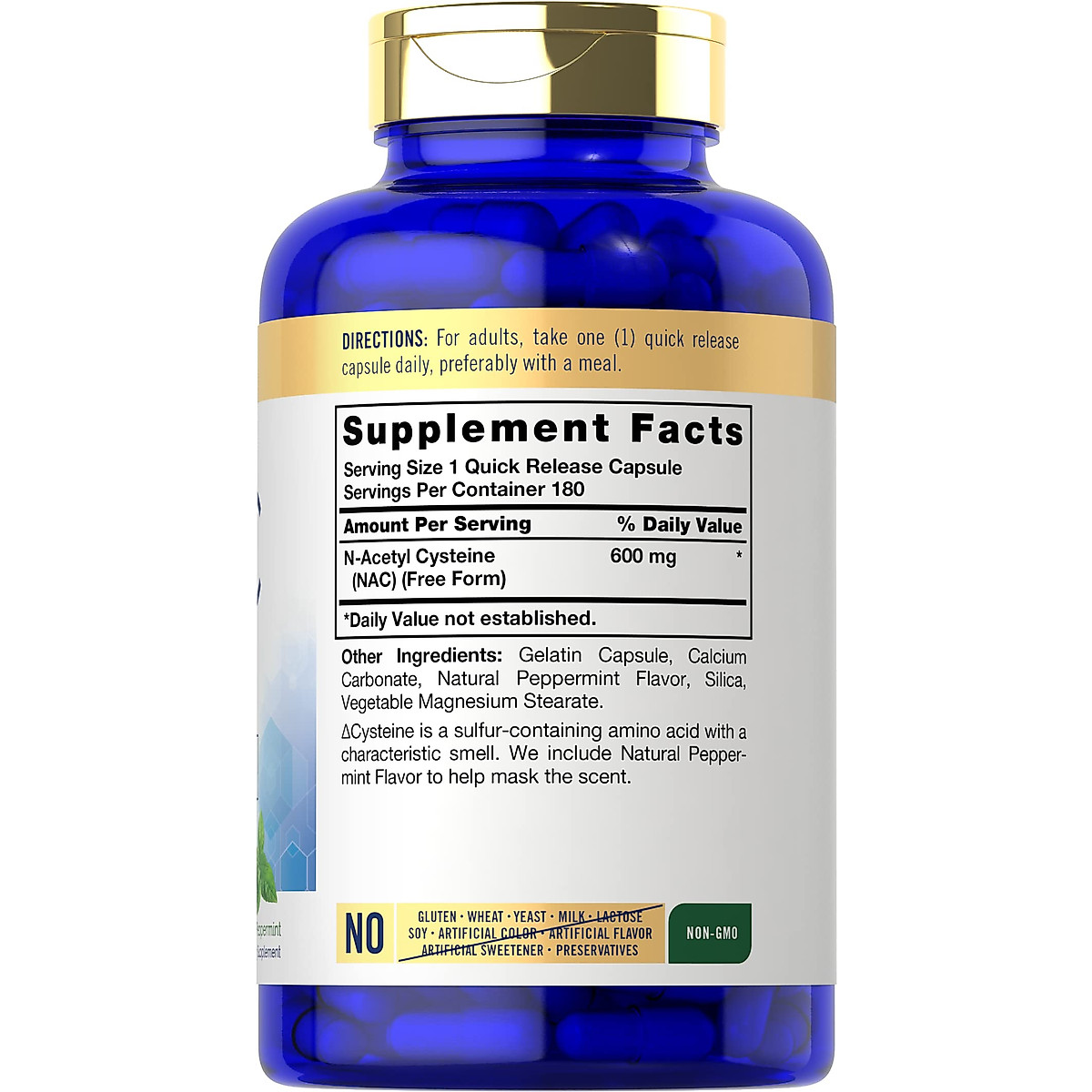 Carlyle NAC N-Acetyl Cysteine 600mg | 180 Capsules | with Peppermint | Free Form Supplement | Non-GMO, Gluten Free