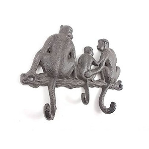Handcrafted Nautical Decor Cast Iron Sitting Monkey Family Decorative Metal Wall Hooks 8"