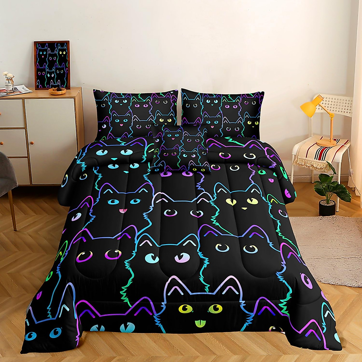 6 Piece Cat Comforter Set Queen Size Bed in A Bag set Cute Black Cat Bedding Set for Girls Boys Kids Teens (with 1 Comforter,1 Flat Sheet,1 Fitted Sheet,2 Pillowcases,1Cushion Cover)Cats 5001-6Pcs Q