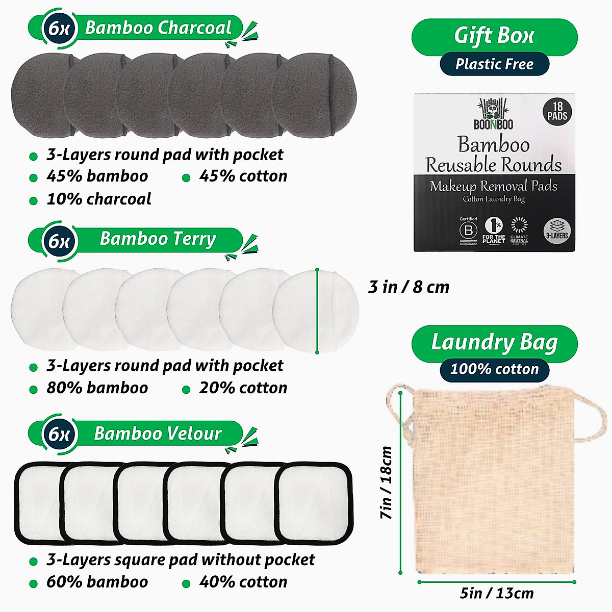 BOONBOO Reusable Make-up Removal Pads, 3-Layer, 18 Pieces