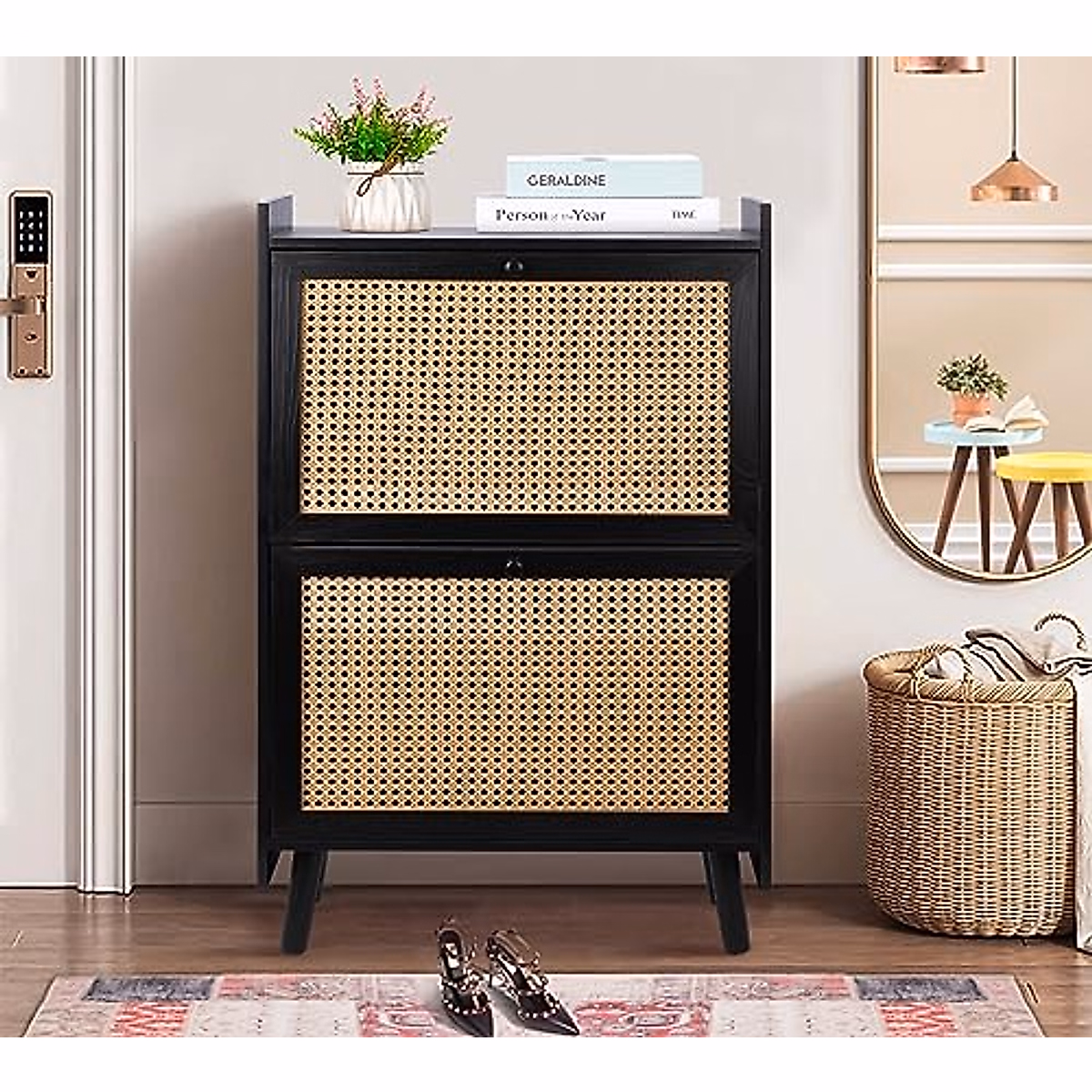 ZYBT Black Entryway Shoe Storage Organizer, Wooden Shoe Rack for Door, Free Standing Shoe Racks for Entryway, Shoe Storage Cabinet for Entryway Slim, 2 Flip Drawers Rattan Shoe Organizer