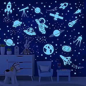 Glow in The Dark Stars Space Wall Decals Ceiling Stars Glow in The Dark Astronaut Universe Galaxy Planet Wall Stickers Glowing Stars for Bedroom Living Room Decor Christmas Gift Stocking Stuffers