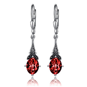 Vintage Leverback Ruby Earrings Sterling Silver Retro Drop Earrings with Oval Red Simulated Birthstone Crystal from Austria, Earrings Gifts Birthday Jewelry for Women