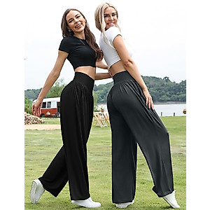 UEU Womens Wide Leg Pants Casual Loose Yoga Lounge Elastic V-Shaped High Waist Palazzo Pants with Pockets, Black, Small