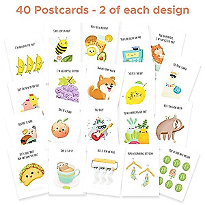 40 Funny Postcards Punny Puns - Bulk Thinking of You Postcard Pack for Friends, Family, Kids, Students, Teacher, and More - Say Hello, Thank You or I Miss You with Hilarious Animals and Food Cartoon Note Cards