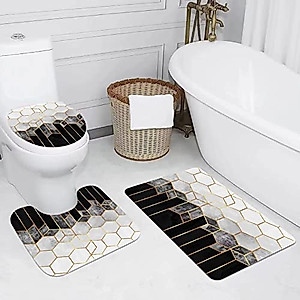 AYULO 4 Pcs Black Marble Shower Curtain Set, Abstract Geometric Modern Bathroom Sets with Non-Slip Rugs, Toilet Lid Cover and Bath Mat,Shower Curtain with 12 Hooks