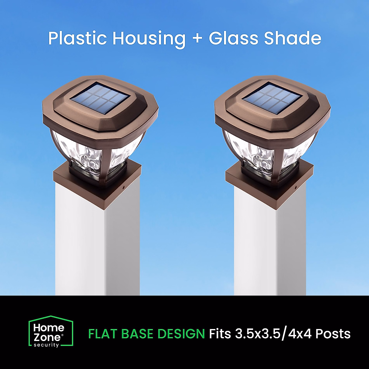 Home Zone Security Solar Post Cap Lights - Decorative Glass LED Outdoor 4x4 (3.5 x 3.5 in.) Post Lights, Bronze (2-Pack)