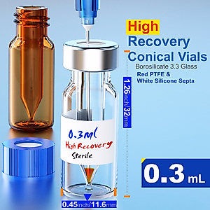 Borosilicate Glass V Vial, High Recovery Vial with Blue Screw Cap,0.3 mL Capacity Pack of 6 (Amber, 0.3mL)