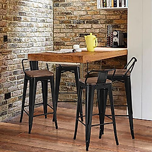 Yaheetech 30 inch Metal Stools Low Back Patio Bar Chairs Set of 4 Counter Height Stools Stackable Industrial Barstools with Wood Top Matte Black