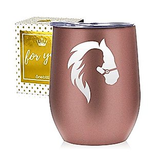 Onebttl Horse Gifts for Women, Girls, Insulated Stainless Steel Wine Tumbler with Lid, Equestrian Gifts for Horse Lovers, Cowgirls, Perfect for Birthday, Rose Gold