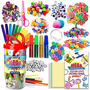 Dragon Too Mega Kids Crafts and Art Supplies Jar Kit - 1000+ Piece Set - Instructional Booklet Included - Revised Glitter Glue, Construction Paper, Popsicle Sticks, Googly Eyes, Pipe Cleaners