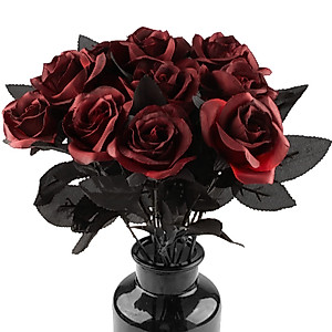 Tuzazo 10pcs Artificial Rose Flower Single Stem Fake Silk Flowers Bridal Wedding Bouquet, Realistic Blossom Flora for Home Garden Party Hotel Office Decorations (Burguandy and Black)