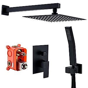 HEGII Shower System Combo Set,15 Inch Wall Mounted Shower Arm,10 inch Rainfall Shower Head System Shower Faucet Rough-in Valve Body and Trim Included,Matte Black