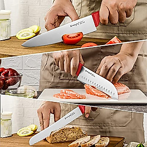 Knife Set 15-Piece Kitchen Knife Set with Block Wooden,Chef Knife Set with Sharpener,High Carbon Stainless Steel Knife Block Set by Emojoy,Red