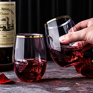 eventpartener 20 Pack Disposable Stemless Wine Glasses, 16 OZ Plastic Wine Cups, Gold Rim Unbreakable Wine Glasses, Whiskey Cocktail Glasses, Shatterproof Clear Drinking Glasses for Party, Wedding