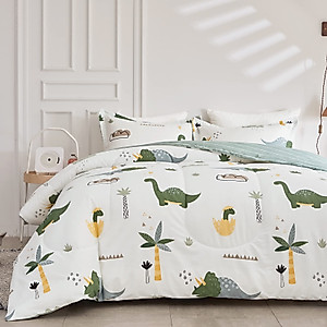 Joyreap Dinosaur Kids Cotton Comforter Set for Boys Girls, Twin Size 3pcs Cotton Bedding Comforter, Fresh Green Dinosaurs on White Design, Skin-Friendly Breathable for All Season- 68x88 inches
