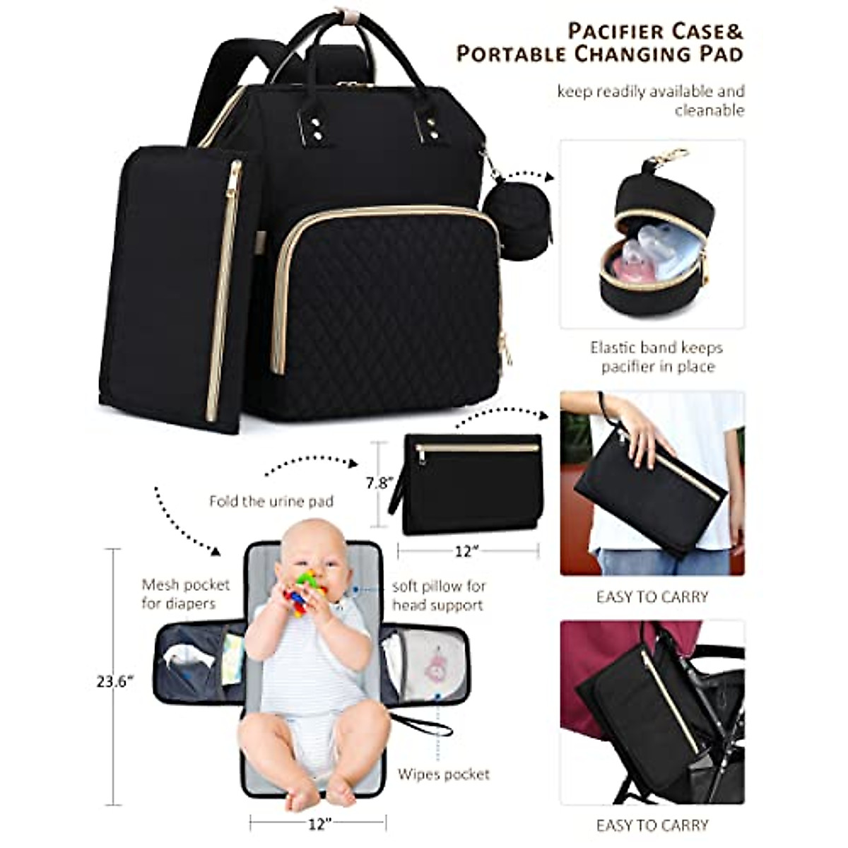 Baby Diaper Bag Backpack with Changing Pad, Pacifier Case - Black Diaper Bags for Girl Boy Newborn Unisex Infant Toddler - Baby Travel Bag for Mom Dad - Registry Baby Shower Gifts, 30L Large Capacity