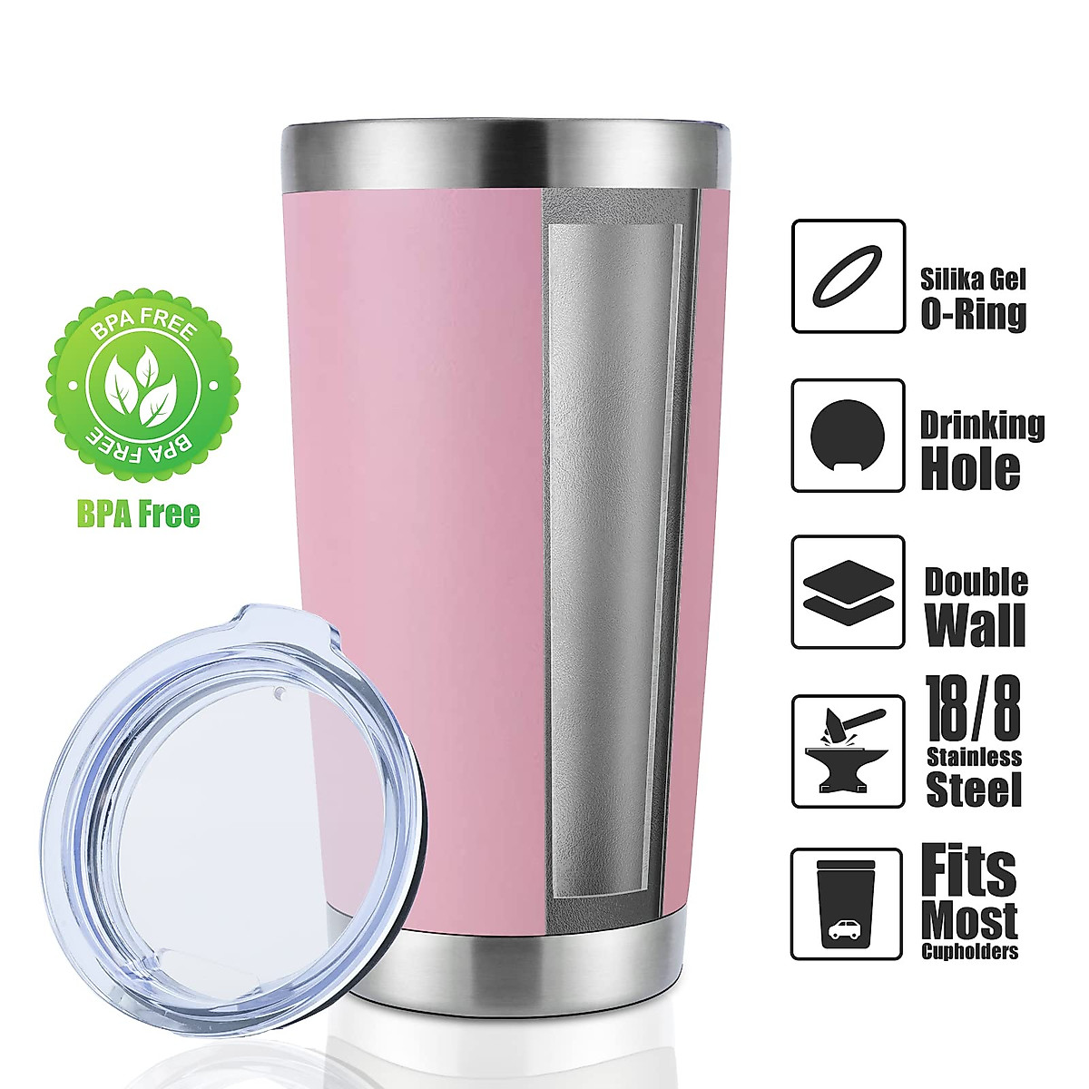 DOMICARE 20oz Stainless Steel Tumbler Bulk with Lid, Double Wall Vacuum Insulated Travel Mug, Powder Coated Coffee Cup, Pink, 1 Pack
