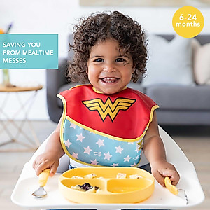 Bumkins Bibs for Girl or Boy, SuperBib Baby and Toddler for 6-24 Months, Essential Must Have for Eating, Feeding, Baby Led Weaning, Mess Saving Catch Food, Waterproof Soft Fabric, 2-pk Wonder Woman