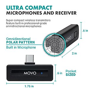 Movo Wireless Mini UC Duo Wireless Microphone for Android - Ultracompact Bluetooth Microphone for Android with Clip on Wireless USB-C Microphone for Android - (10HR Battery Life, 164ft Range)