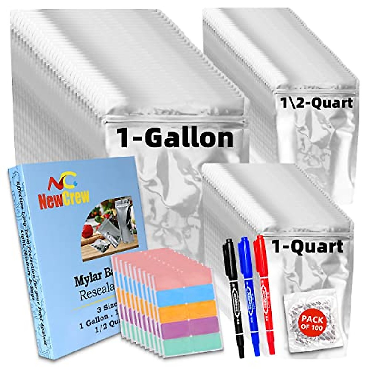 NewCrew 100pcs Mylar Bags for Food Storage with 300cc Oxygen Absorbers, Labels and Pens,10 Mil Extra Thick 1 Gallon,1 Quarter,½ Quarter 10”x 14”/6x9”/5x7” Stand-up Zipper Resealable Mylar Bags