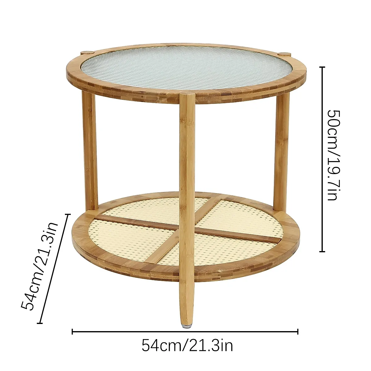 Gdrasuya10 Modern Bamboo Side Table End Table, 2 Tier Round Side Table with Rattan Shelf Glass Tabletop Accent Table Night Stand Bohemia Style for Living Room Balcony (22 inch)
