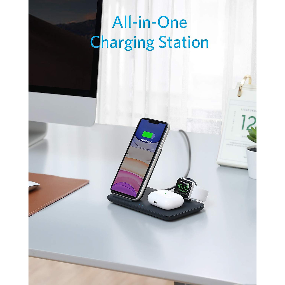 Anker Wireless Charging Station with Adapter, PowerWave 3-in-1 Qi-Certified Stand for iPhone 14 Series, AirPods Pro, Apple Watch Series 1-6 (Watch Charging Cable Not Included)