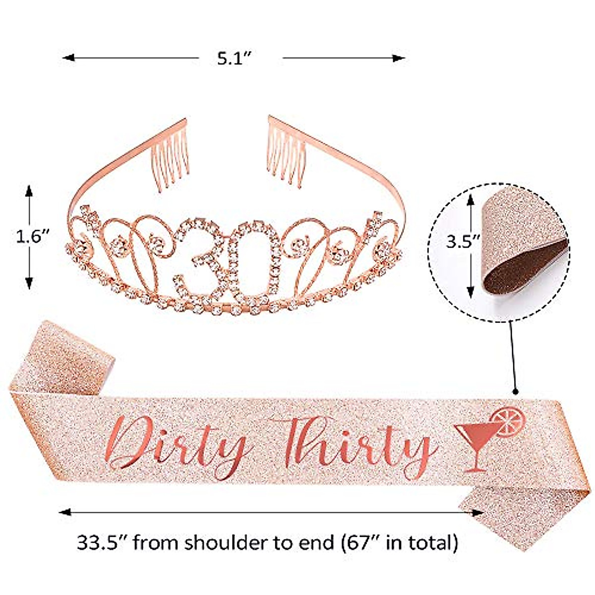 "Dirty Thirty" Sash and Rhinestone Crown Set - 30th Birthday Party Gifts Birthday Sash for Women Birthday Party Supplies