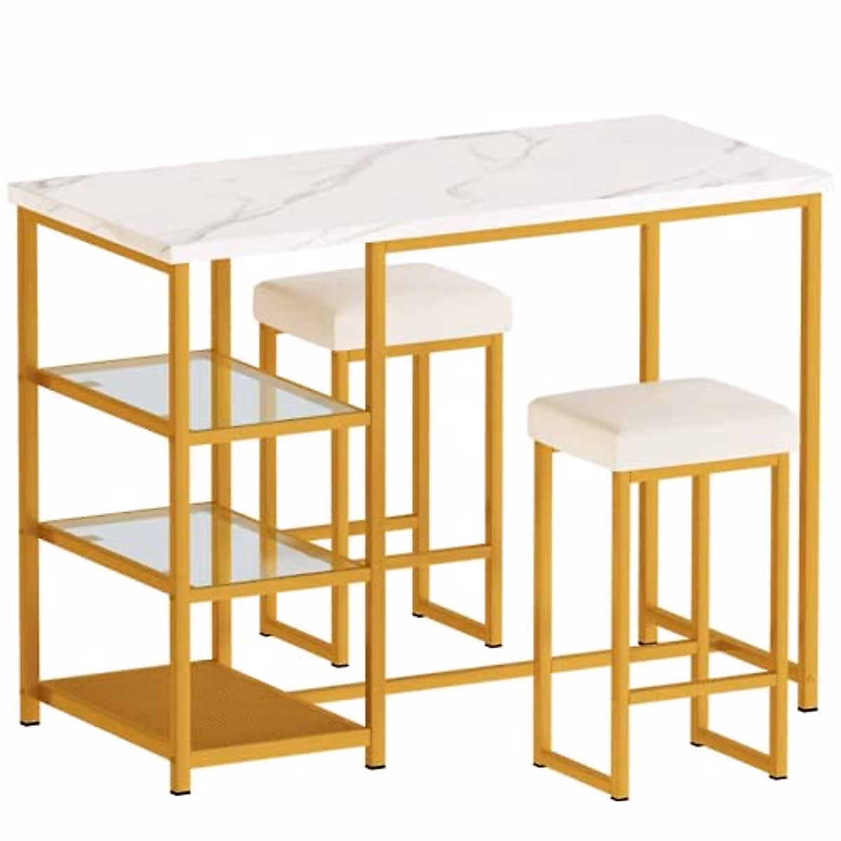 DKLGG 3-Piece Dining Table Set, Counter Height Pub Table with 2 Upholstered Bar Stools/Chairs, Small Space Faux Marble Bar Tabletop Storage Shelves, Breakfast Nook, Gold