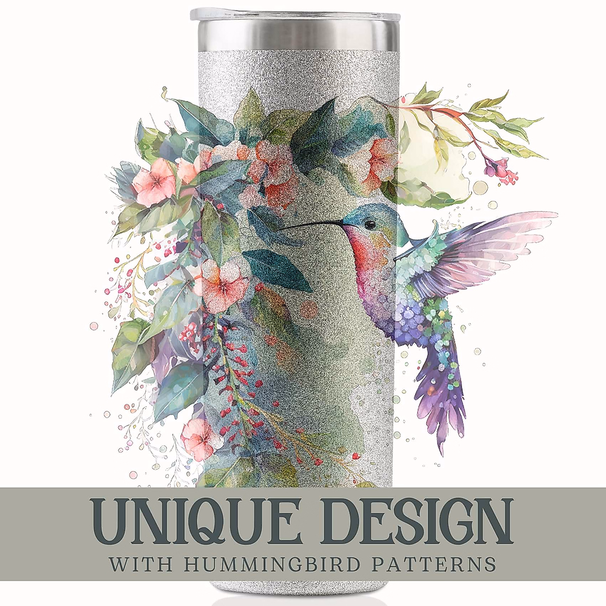 Onebttl Hummingbird Gifts For Women, Her and Hummingbird Lovers - 20oz/590ml Stainless Steel Insulated Glitter Tumbler with Straw - Hummingbird Skinny Tumbler, Coffee Cups - (Sliver)