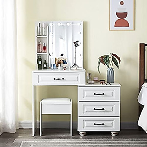 JBLCC Makeup Vanity Table with Lighted Mirror,Makeup Vanity with Lights and Drawers, Storage Shelves, Vanity Desk for Woman Girls, White (5951)