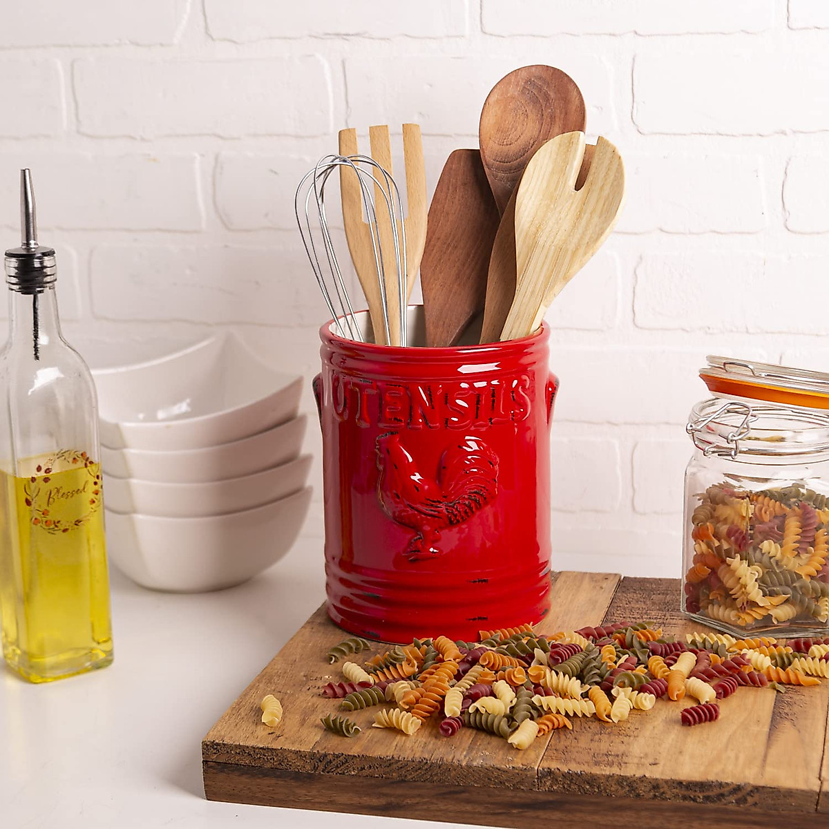 MosJos Kitchen Utensil Holder for Countertop - Large 7” Rustic Ceramic Utensil Crock - Dishwasher-Friendly Rooster Cooking Utensil Organizer Caddy for Farmhouse Kitchen Decor .red