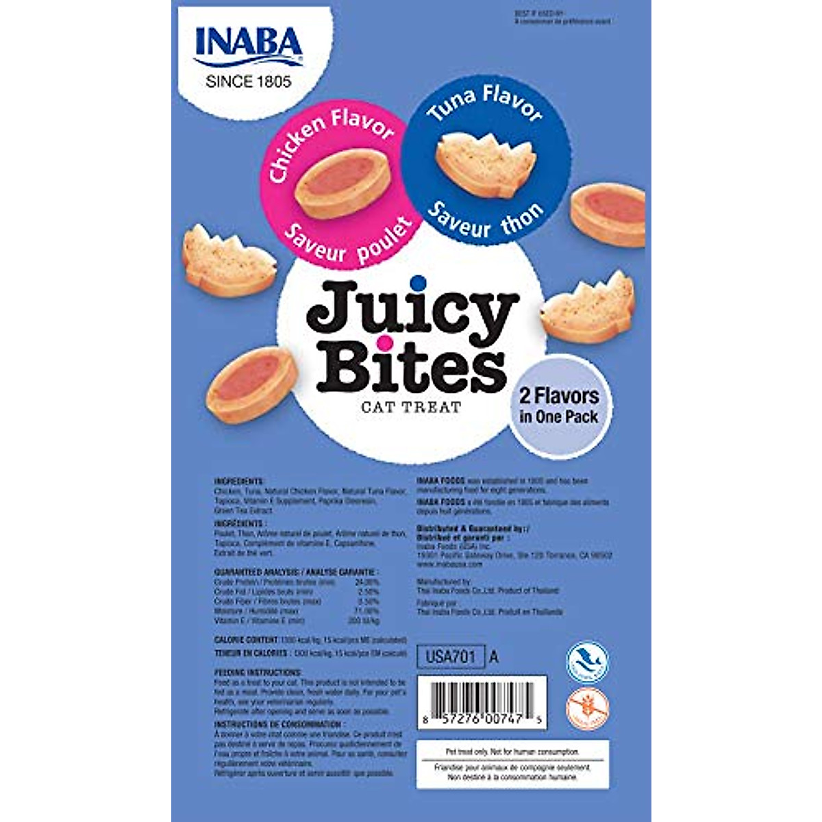 INABA Juicy Bites Grain-Free, Soft, Moist, Chewy Cat Treats with Vitamin E and Green Tea Extract, 0.4 Ounces per Pouch, 18 Pouches (3 per Bag), Tuna and Chicken