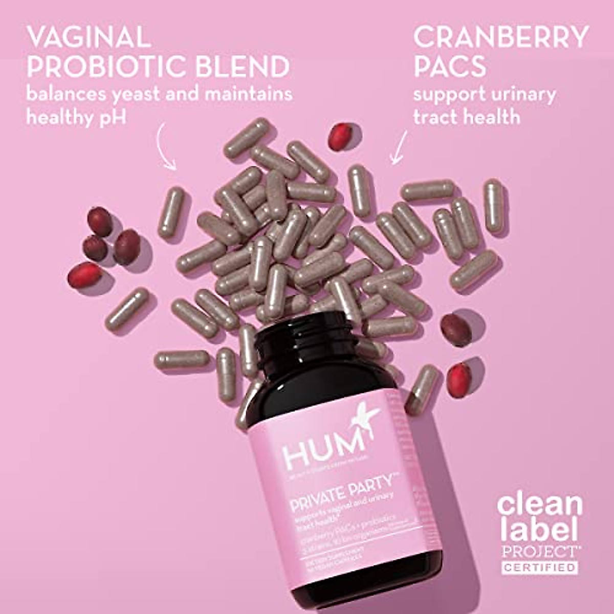 HUM Private Party Cranberry Pills for Women - Daily Vaginal Probiotic Women's Vitamins for Urinary Tract Health - Vegan Lactobacillus Supplement for a Balanced Vaginal pH + Microbiome (30 Capsules)