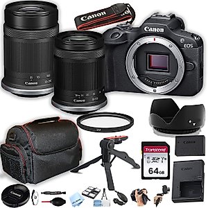 Canon EOS R100 Mirrorless Camera with 18-150mm Lens + 55-210mm Lens +64GB Memory Card, Case, Hood, Grip-Pod, Filter Professional Photo Bundle (Renewed)