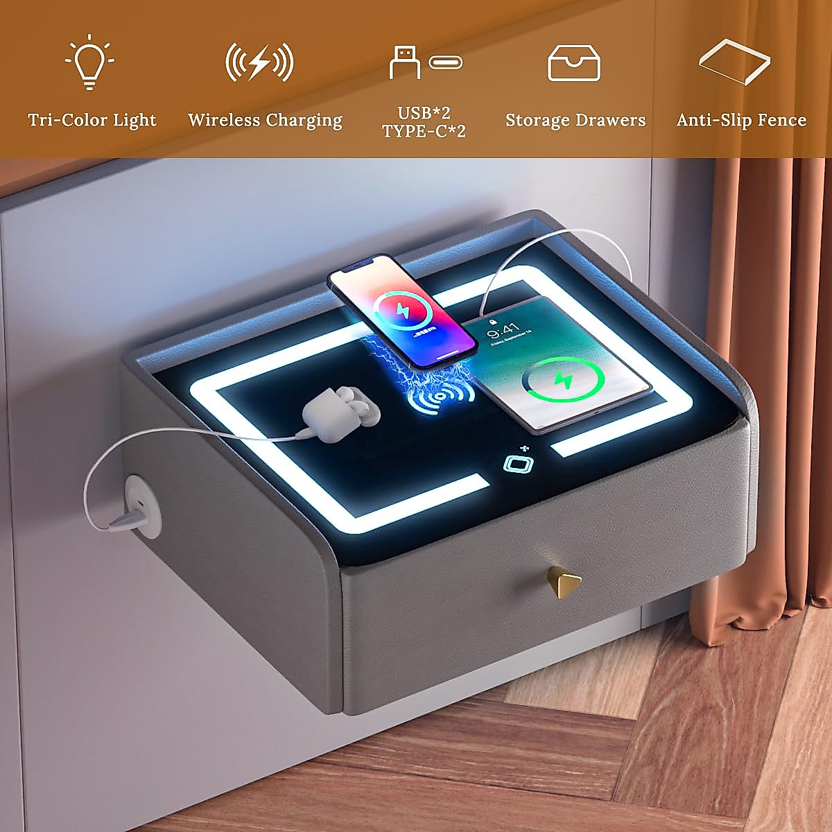 HOMEMORE Smart Nightstand Floating Bedside Table LED Nightstand with Charging Floating Nightstand Bedroom Options for Young People.Grey