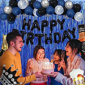 Navy Blue and Black Birthday Decorations for Men Women, Blue and Silver Birthday Party Decorations with Happy Birthday Banner,Fringe Curtains,Happy Birthday Decorations for Boys Girls Party Supplies