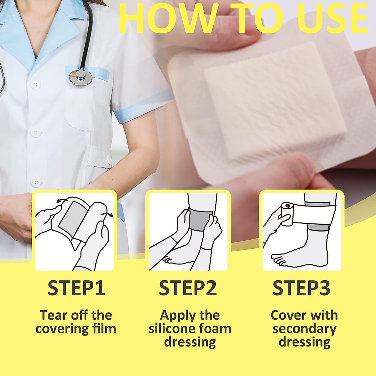 Polynew Silicone Foam Dressing with Border, 4"x4"-12Pcs/Box Adhesive Waterproof High Absorbency Bed Sore Wound Dressing Bandage, Breathable Foam Dressing for Wound Care