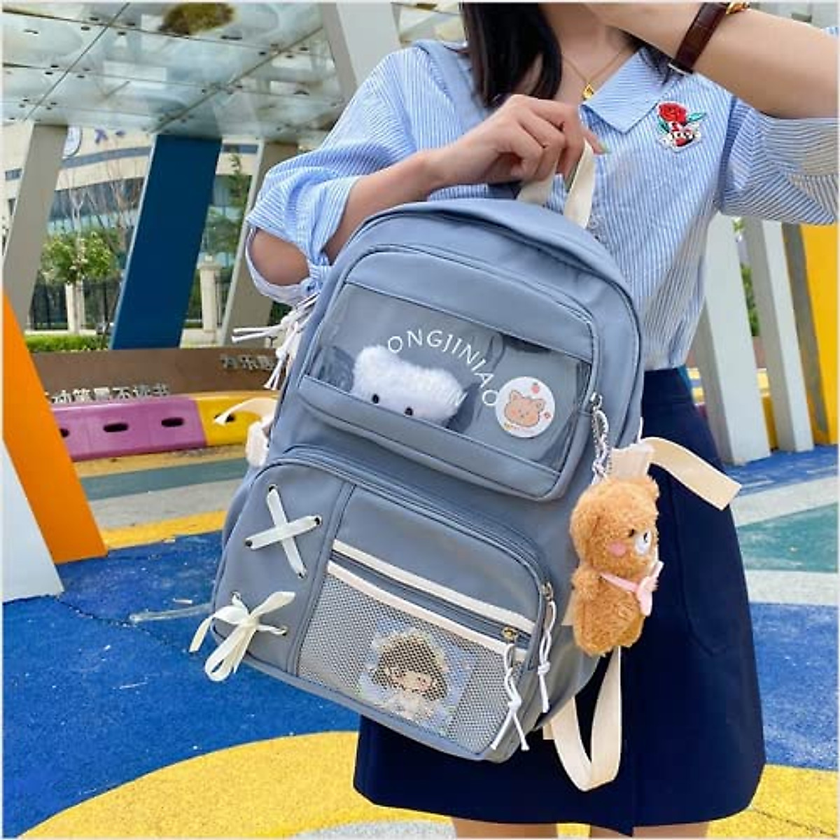 NUFR Kawaii Backpack With Kawaii Pin Kawaii Pendent Bear Kawaii Sticker Kawaii Bag Cute Mesh Lace (Blue)