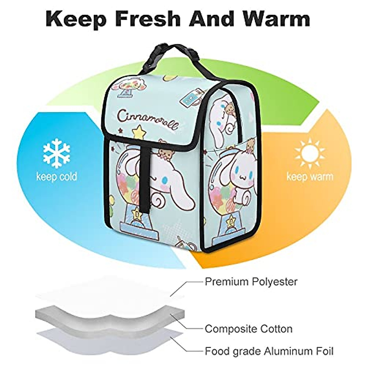Ladycute Cinn-amo-roll Insulated Lunch Bag Lunch Tote for Women Boys Large Portable Reusable Lunch Box School Office Picnic Lunch Tote Bag