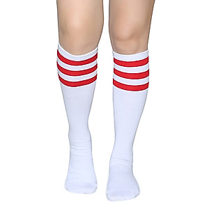 Pareberry Casual Cotton Solid & Triple Stripe Colors Knee High Tube Socks-3 Pairs (A08-Red/White)