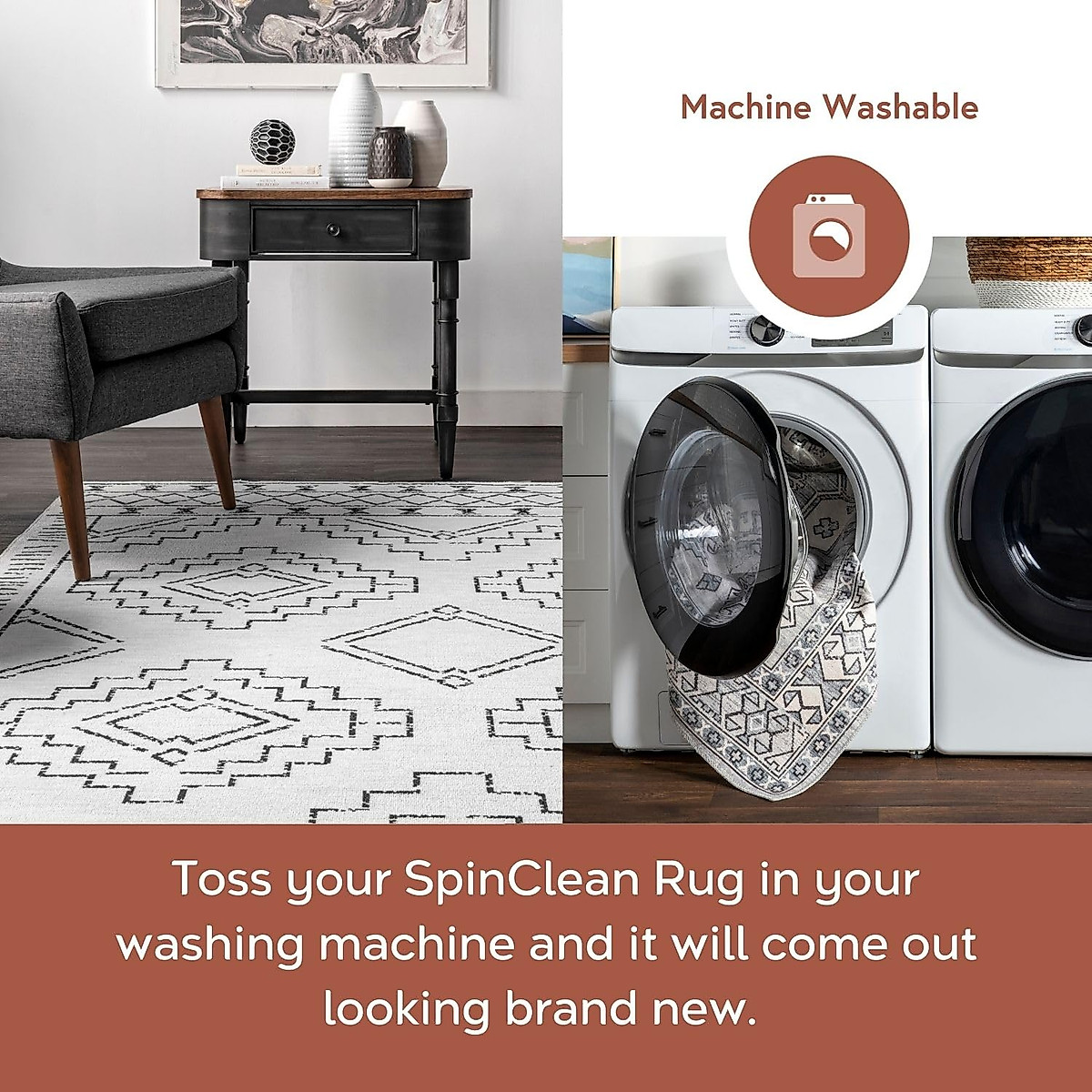 nuLOOM 2' x 12' SpinClean Machine Washable Stain-Resistant Area Rug with Non Slip Backing, Low Profile for Living Room, Bedroom, and Dining Room, Noa White