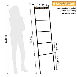 Blanket Ladder Towel Ladder for The Living Room Wall-Leaning Quilt Ladder with 5 Removable Hooks Farmhouse Decorative Bathroom Blanket Ladder Black Towel Rack for Laundry Room Outdoor Pool，Black