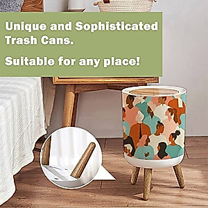 Small Trash Can with Lid Crowd of Young and Elderly Men and Women in Trendy Hipster Clothes Wood Legs Press Cover Garbage Bin Round Simple Human Waste Bin Wastebasket for Kitchen Bathroom Office